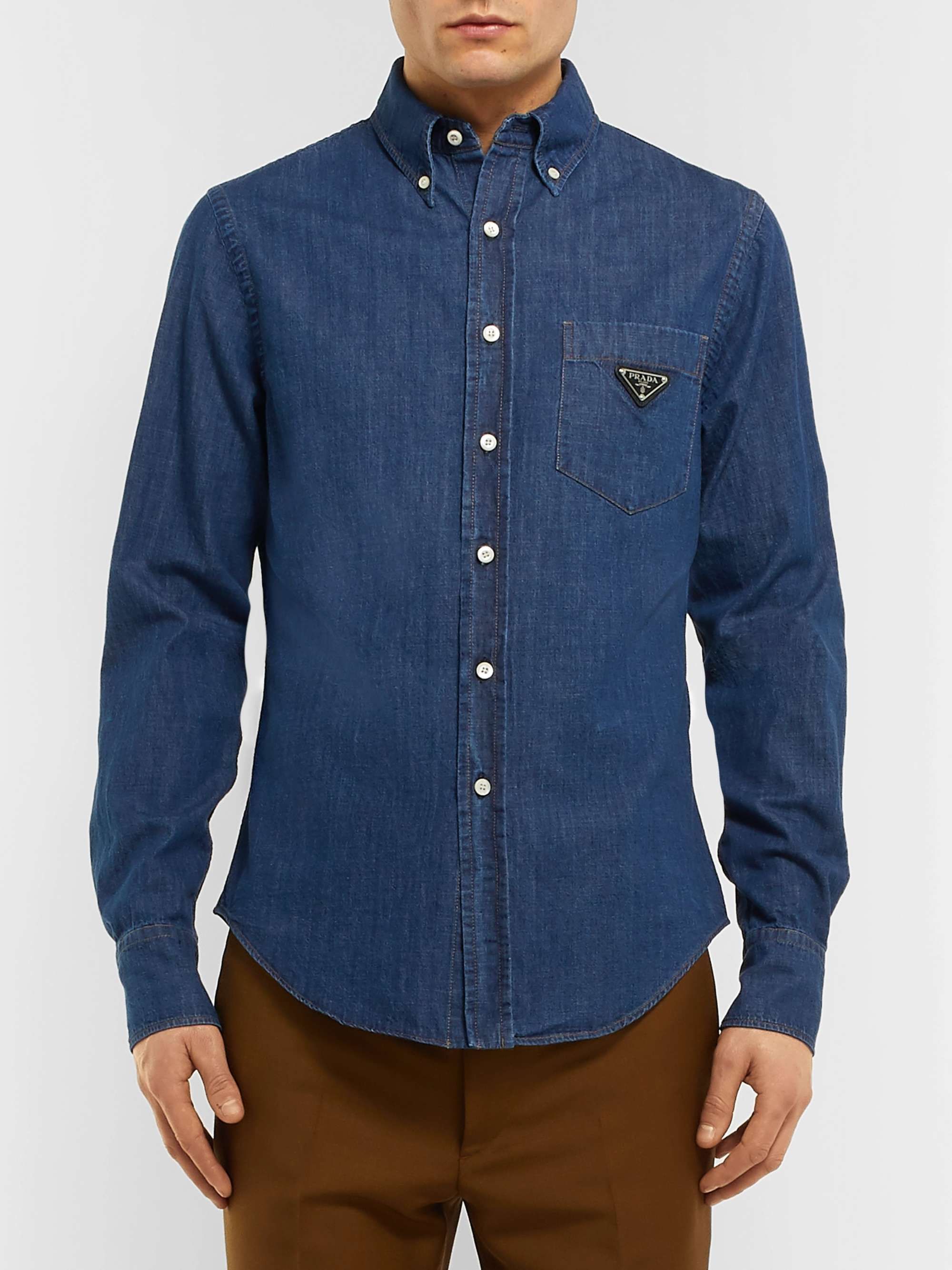 Slim-Fit Button-Down Collar Logo-Appliquéd Denim Shirt von PRADA für ...