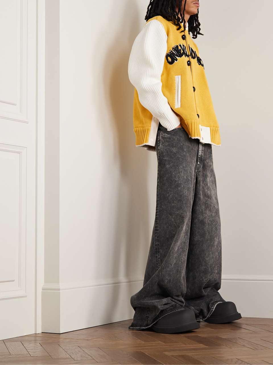 Yellow + Eric Haze Embroidered Cotton-Blend and Leather Varsity Jacket ...