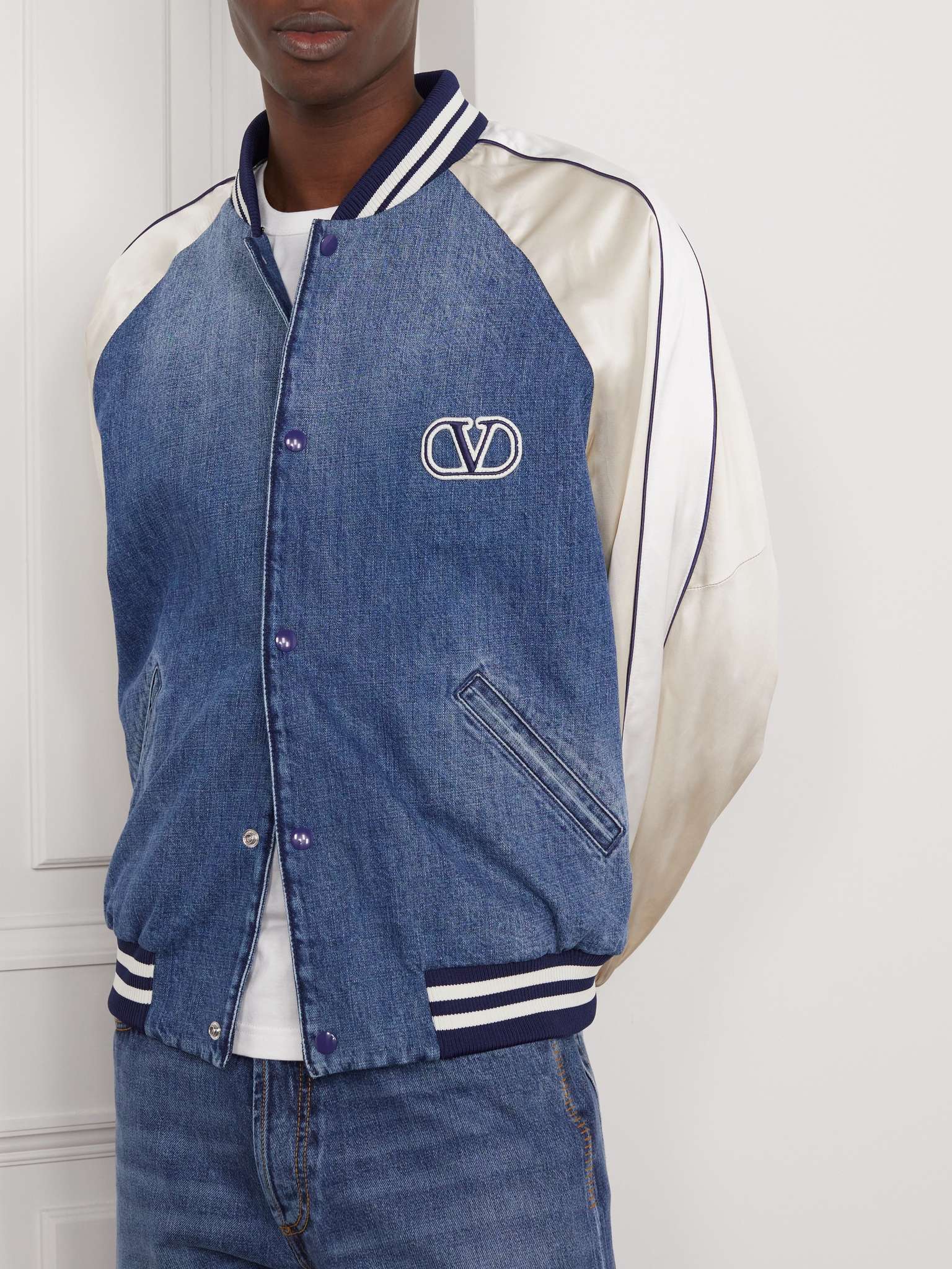 VALENTINO GARAVANI Cotton-Jersey, Satin and Denim Hooded Bomber Jacket ...