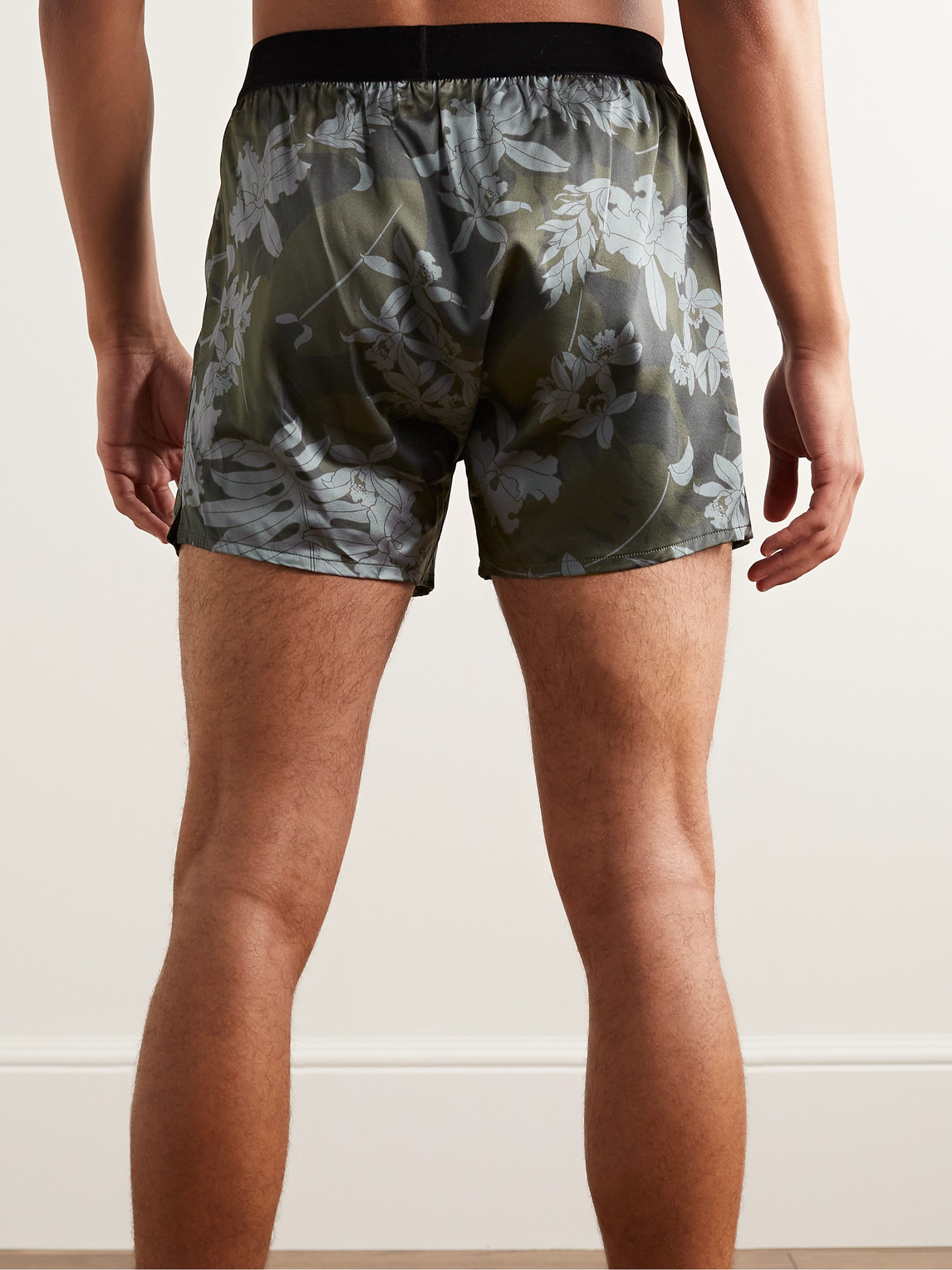 Tom Ford Floral Print Velvet Trimmed Silk Satin Boxer Shorts In Green