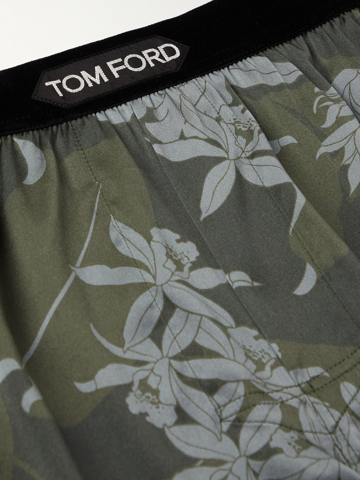 Tom Ford Floral Print Velvet Trimmed Silk Satin Boxer Shorts In Green