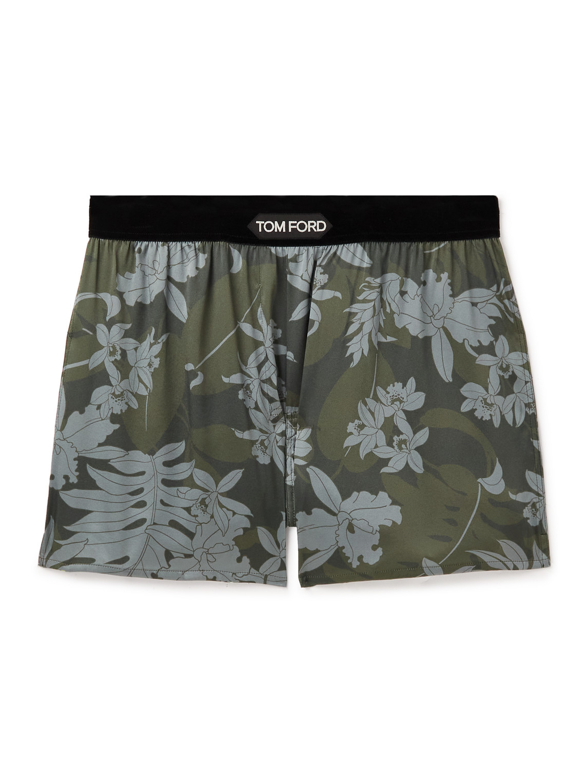 Tom Ford Floral Print Velvet Trimmed Silk Satin Boxer Shorts In Green