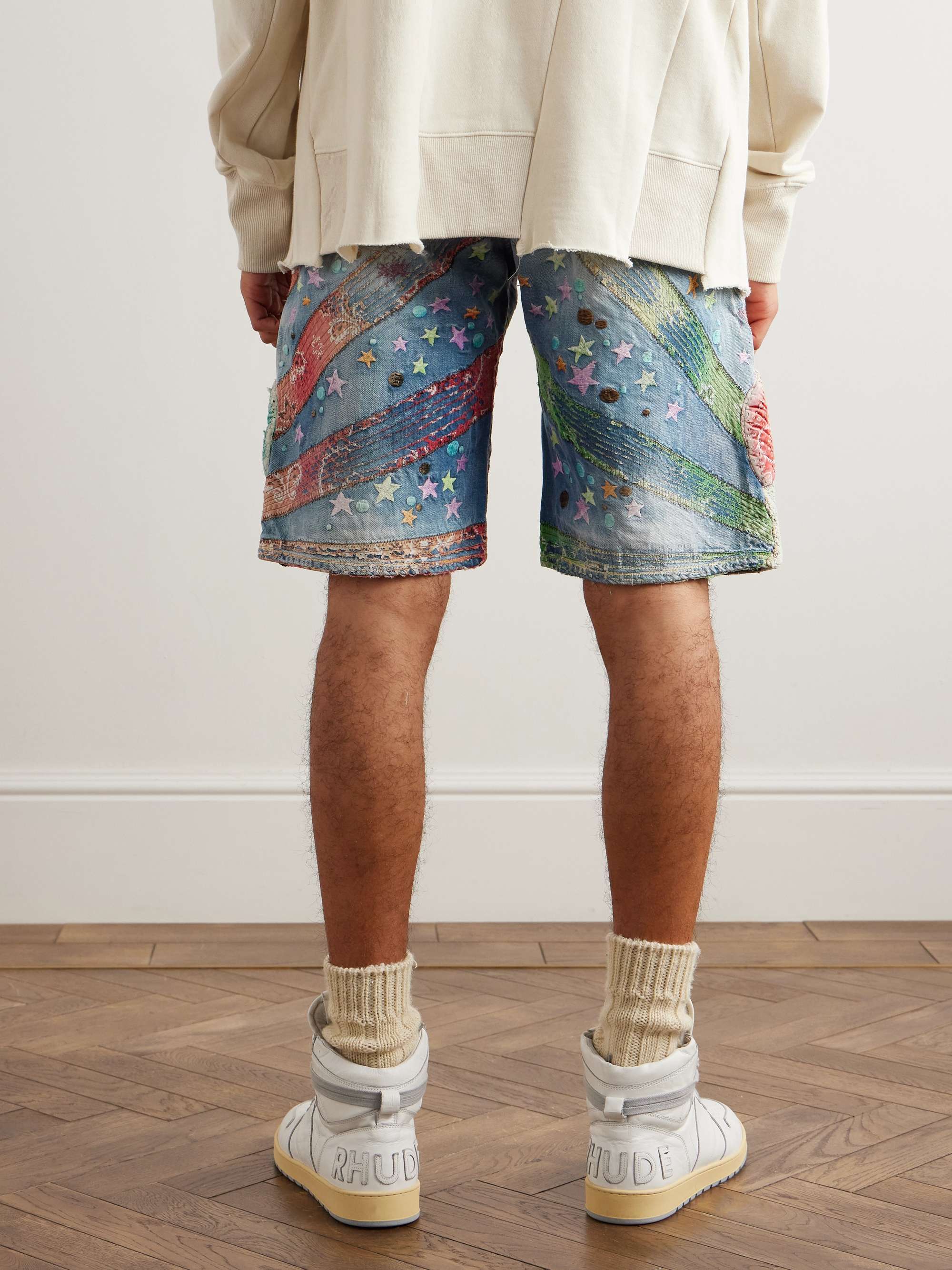 Blue Boro Straight-Leg Embroidered Appliquéd Denim Shorts | PROLETA RE ...