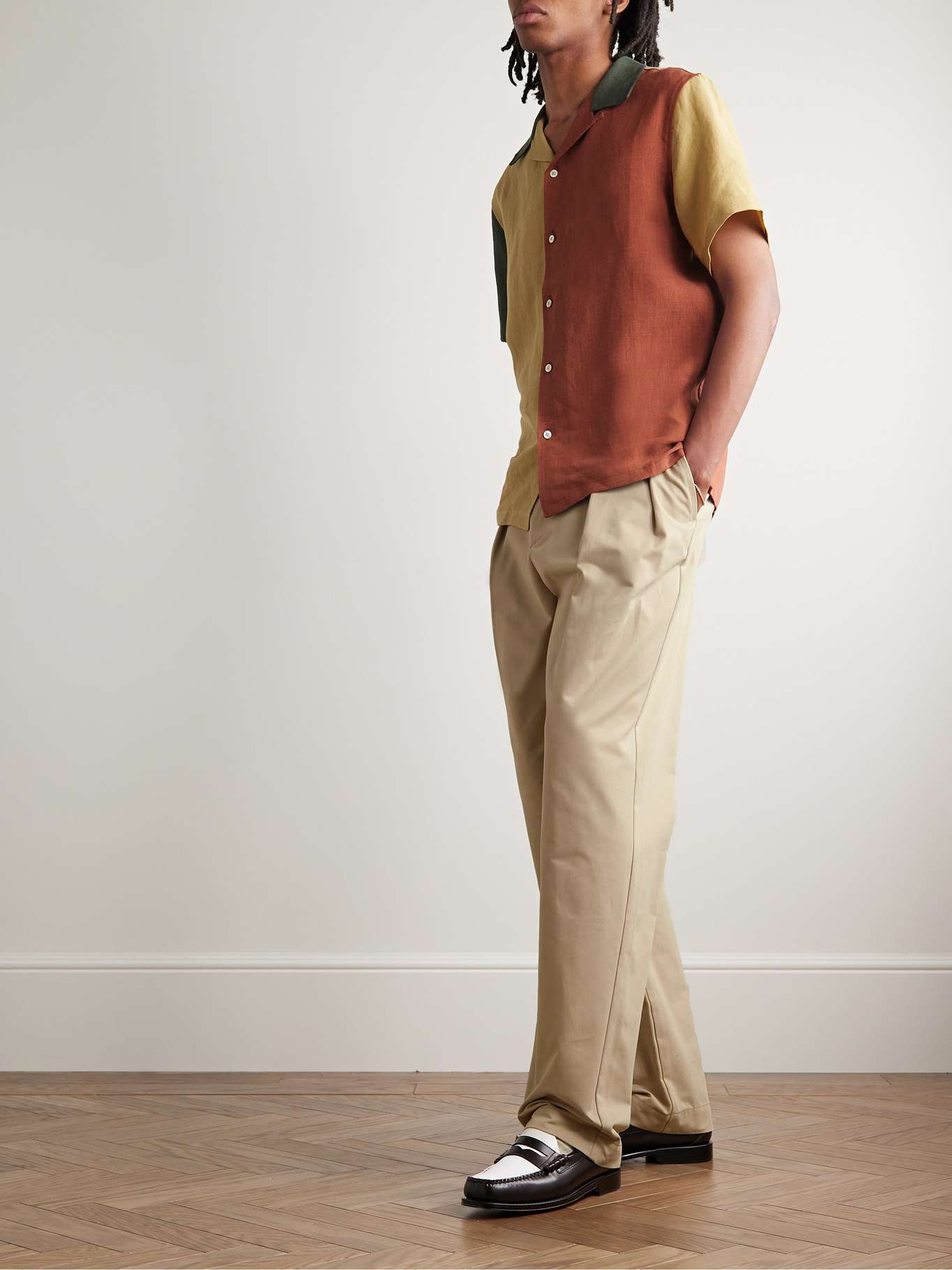 Brown Convertible-Collar Colour-Block Linen Shirt | DE BONNE FACTURE ...