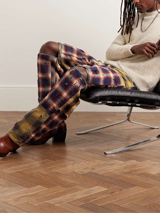 GIVENCHY Straight-Leg Convertible Distressed Checked Cotton-Flannel ...