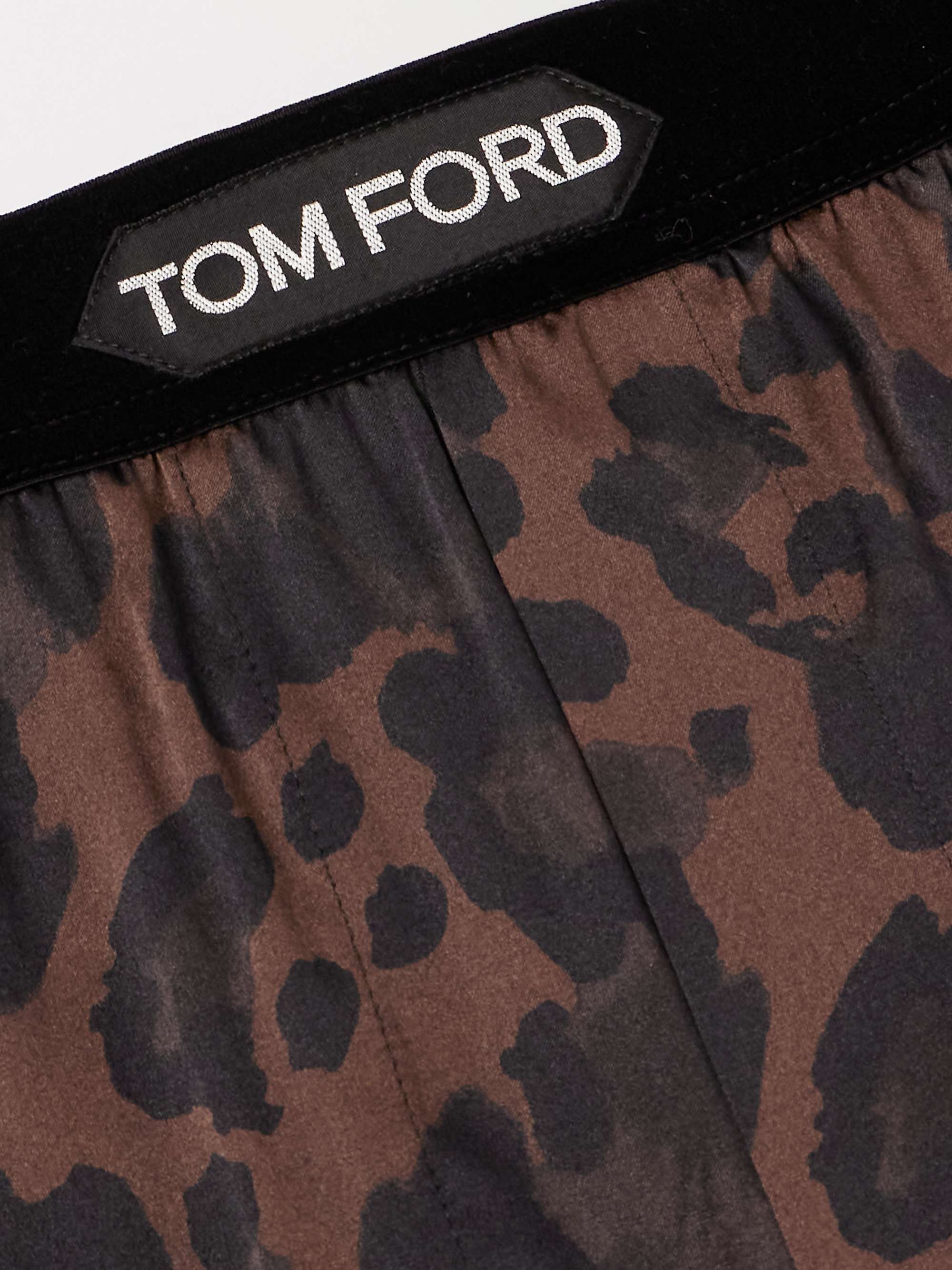 Tom Ford Velvet Trimmed Leopard Print Silk Satin Boxer Shorts For Men