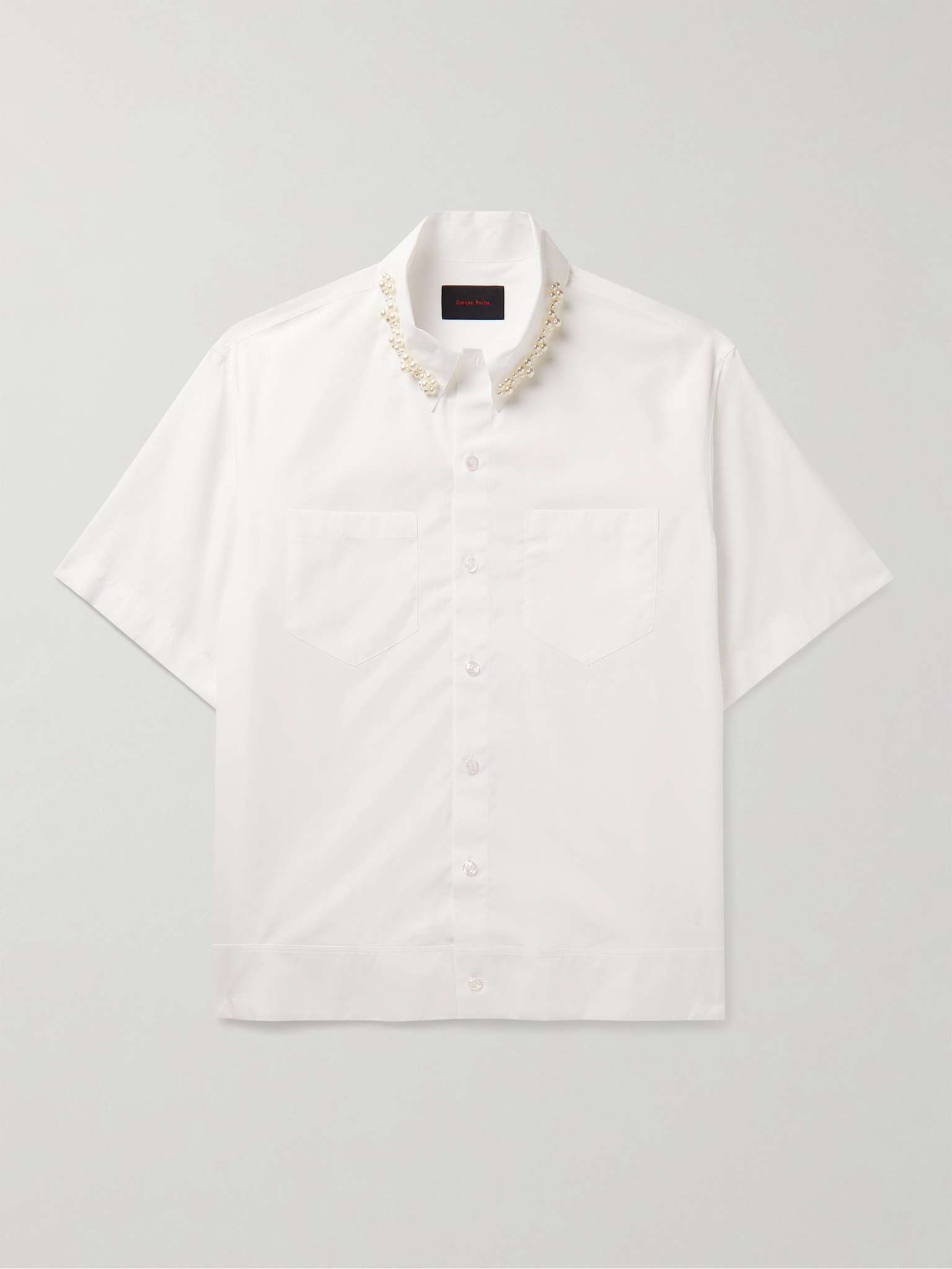 White Faux Pearl-Embellished Logo-Print Cotton-Poplin Shirt | SIMONE ...