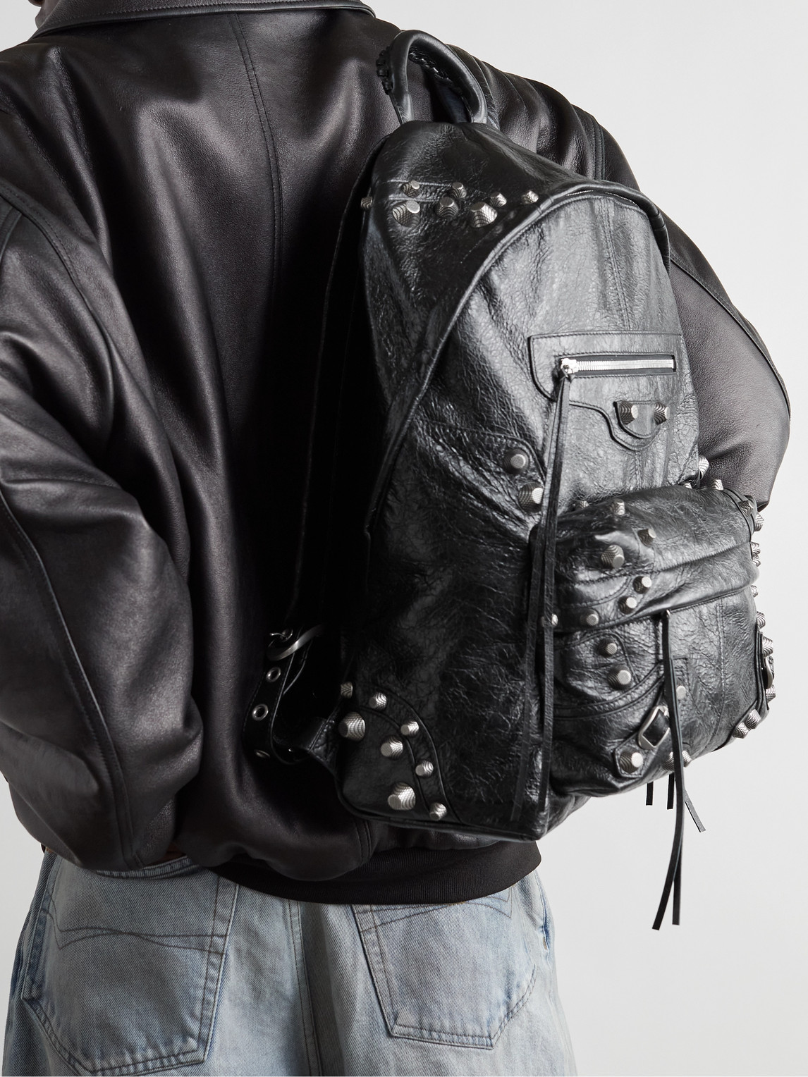 Balenciaga Le Cagole Studded Crinkled-leather Backpack In Black | ModeSens