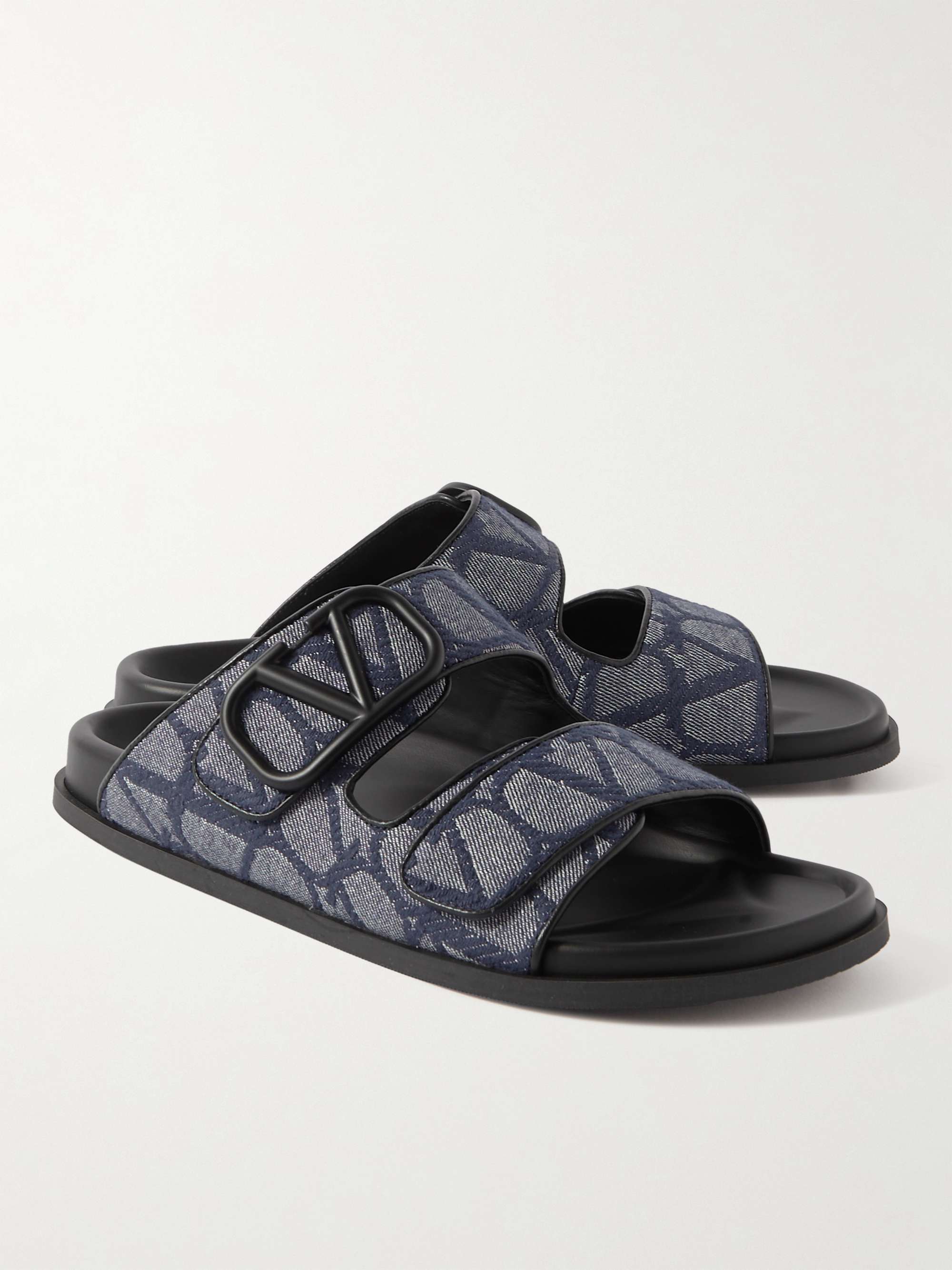 VALENTINO GARAVANI Leather-Trimmed Logo-Jacquard Denim Slides for Men ...