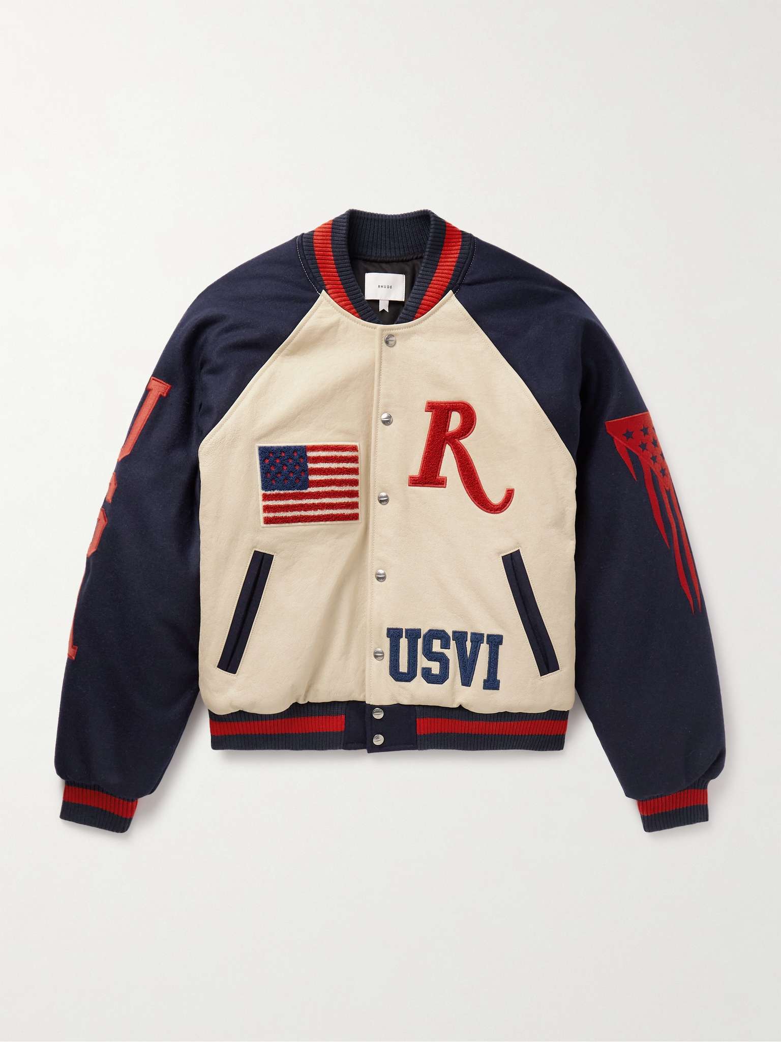 RHUDE Saint Croix Padded Appliquéd Leather and Wool-Blend Felt Varsity ...