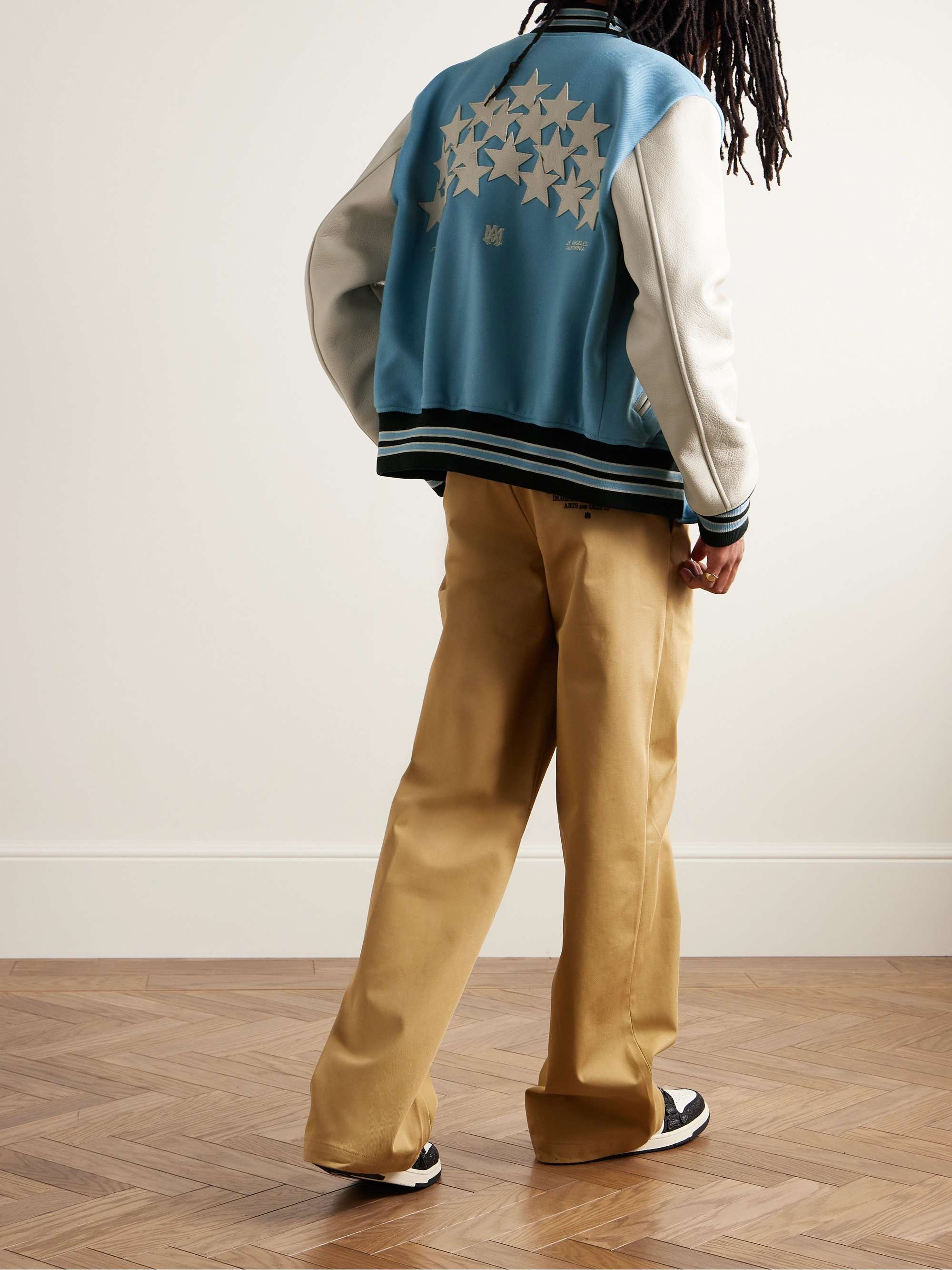 Light blue Appliquéd Wool-Blend and Leather Varsity Jacket | AMIRI | MR ...