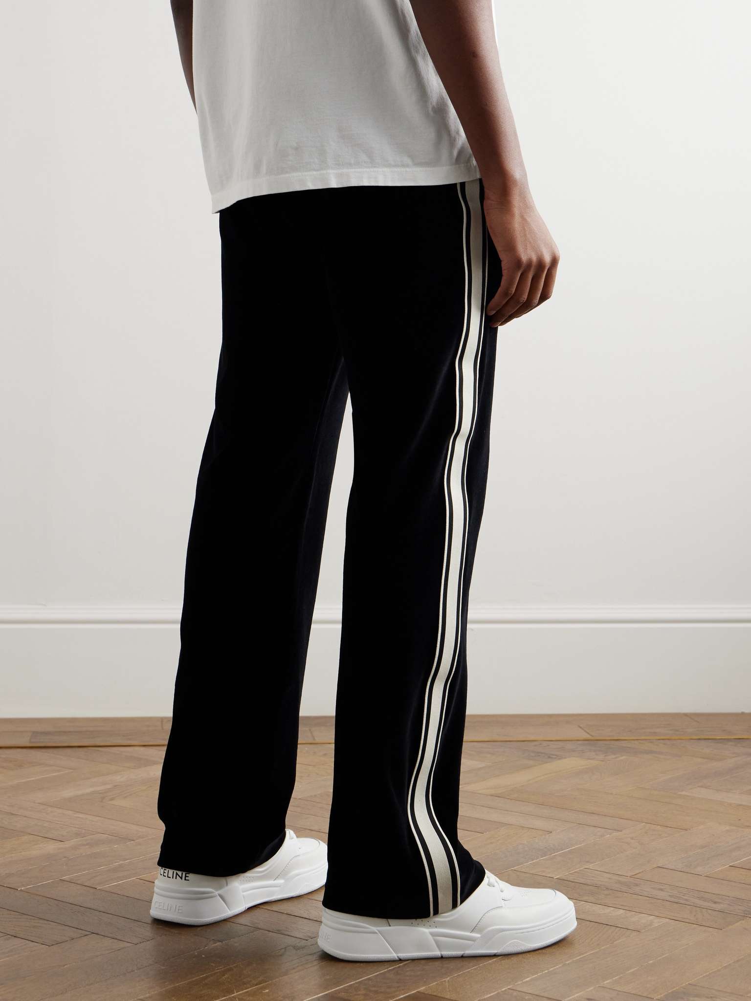 CELINE HOMME Straight-Leg Logo-Embroidered Striped Cotton-Blend Velvet ...