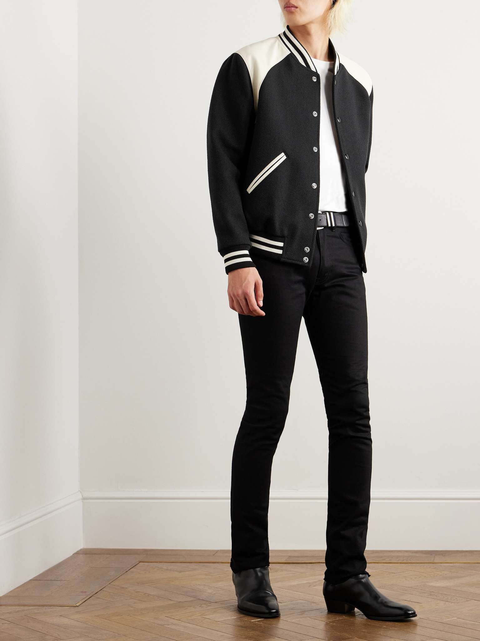 Black Teddy Striped Colour-Block Leather-Trimmed Virgin Wool-Blend ...