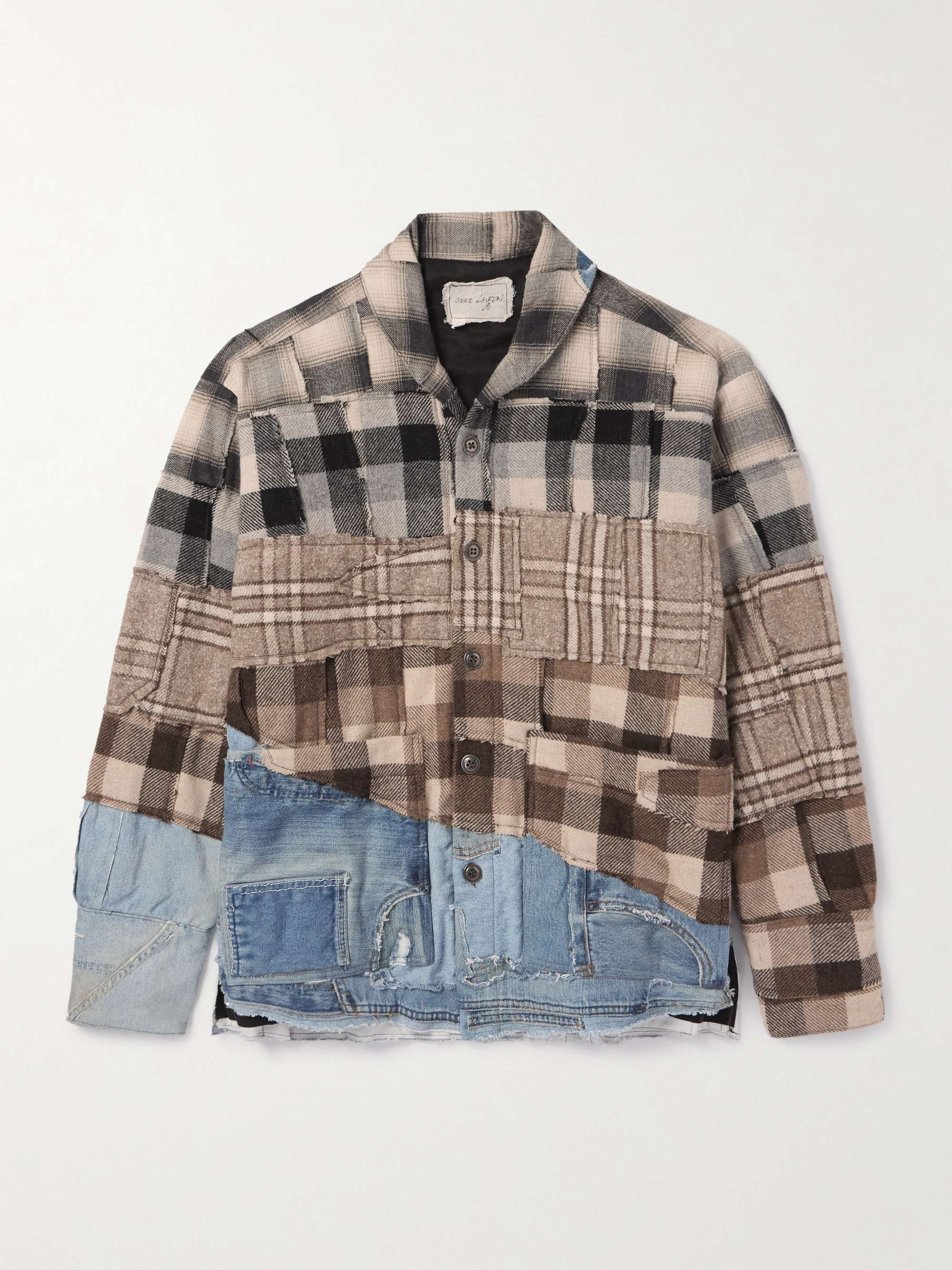 Brown Patchwork Denim-Trimmed Checked Flannel Overshirt | GREG LAUREN ...