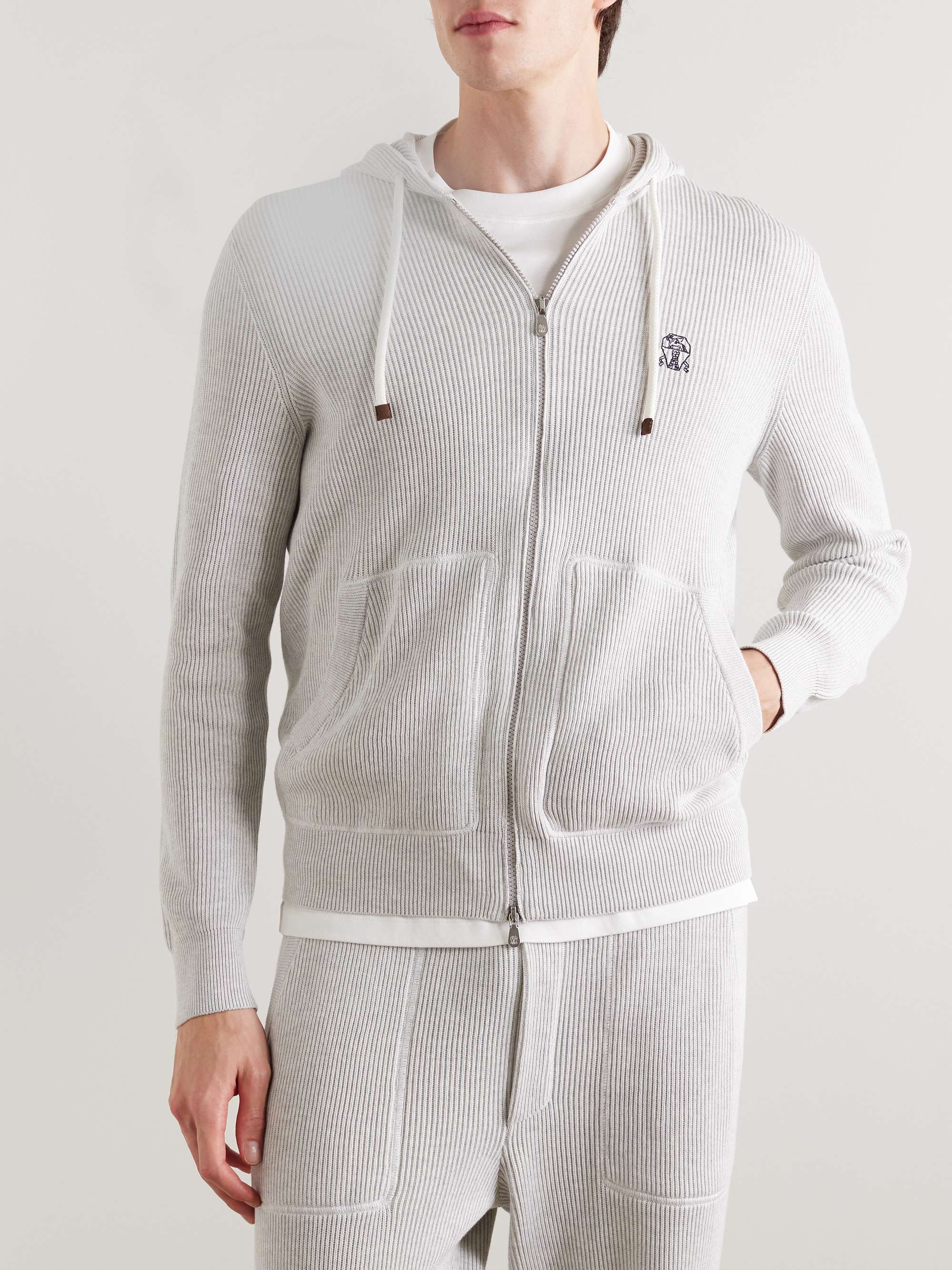 BRUNELLO CUCINELLI Logo-Embroidered Ribbed Cotton Zip-Up Hoodie for Men ...