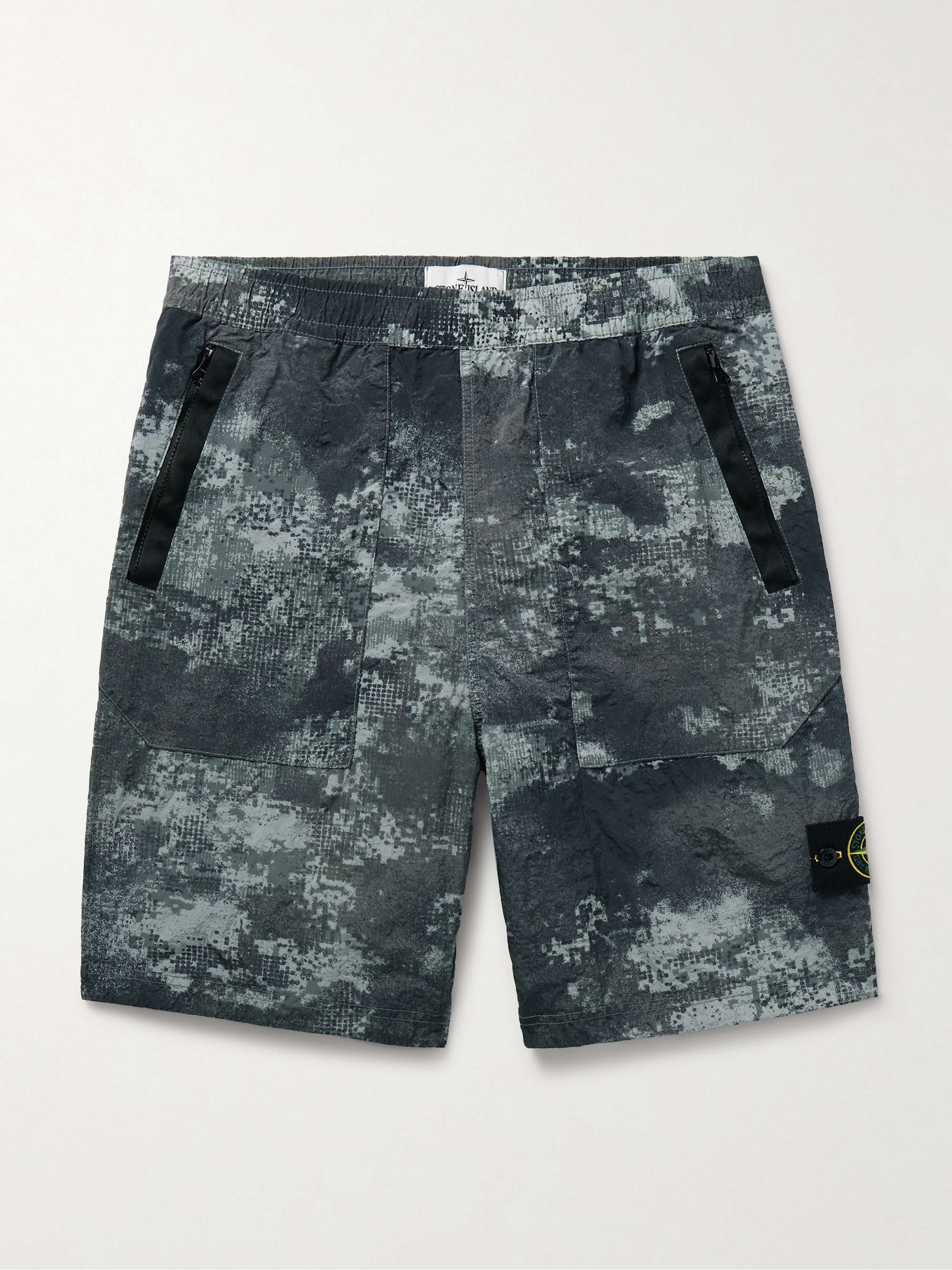 STONE ISLAND Straight-Leg Satin-Trimmed Camouflage-Print Shell Shorts ...