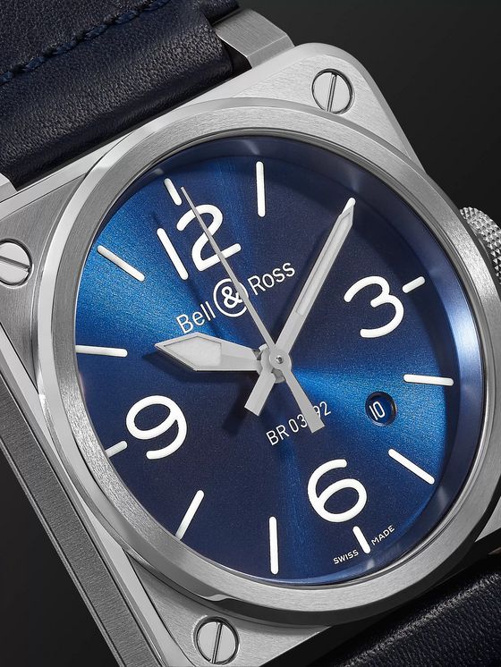 BELL & ROSS BR 03-92 Blue Steel Automatic 42mm Steel and Leather Watch ...