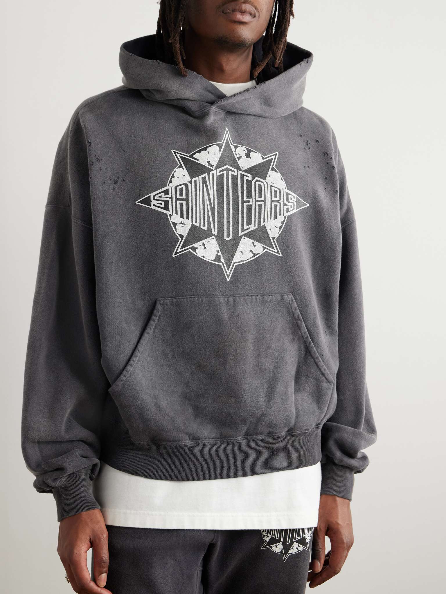 SAINT MXXXXXX + Denim Tears Logo-Print Distressed Cotton-Jersey Hoodie ...