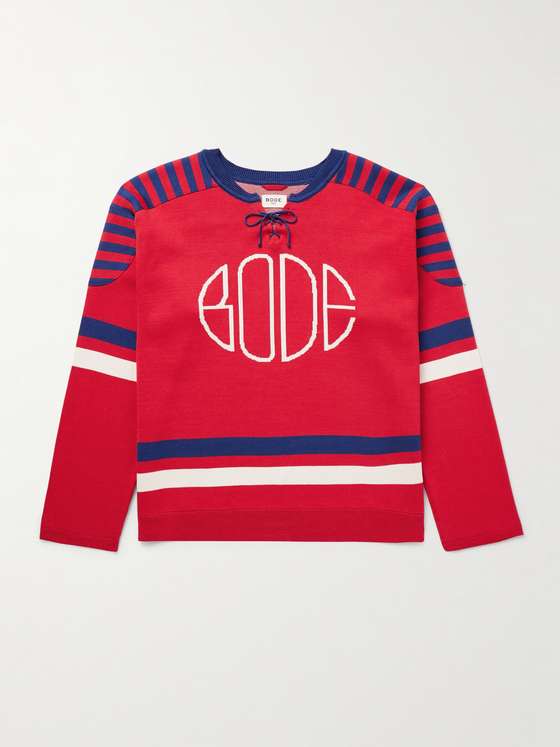 BODE Rink Lace-Up Logo-Jacquard Striped Mako Cotton Sweater for Men | MR PORTER