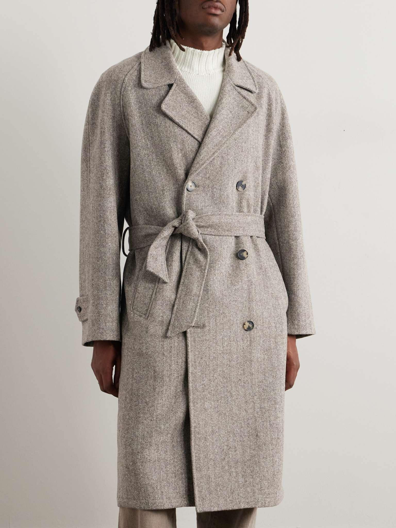 DE BONNE FACTURE Grandad Double-Breasted Herringbone Wool Coat for Men ...