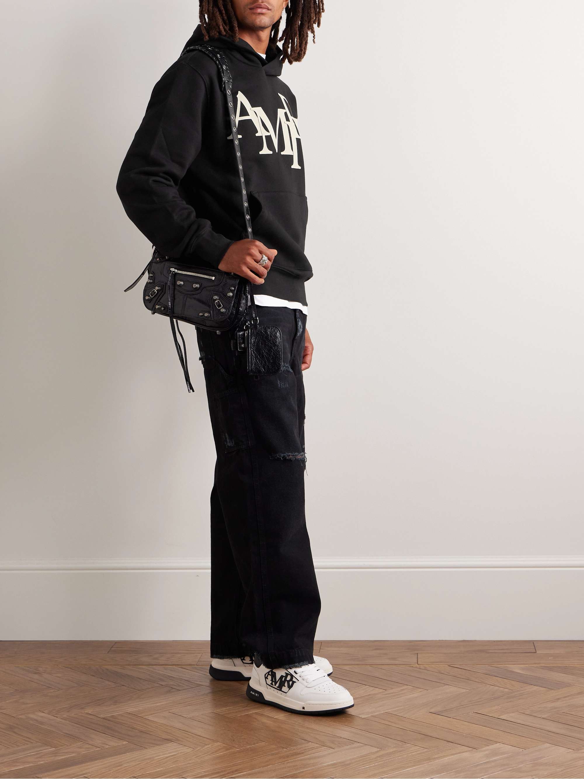 AMIRI Staggered Leather-Trimmed Logo-Appliquéd Cotton-Jersey Hoodie for ...