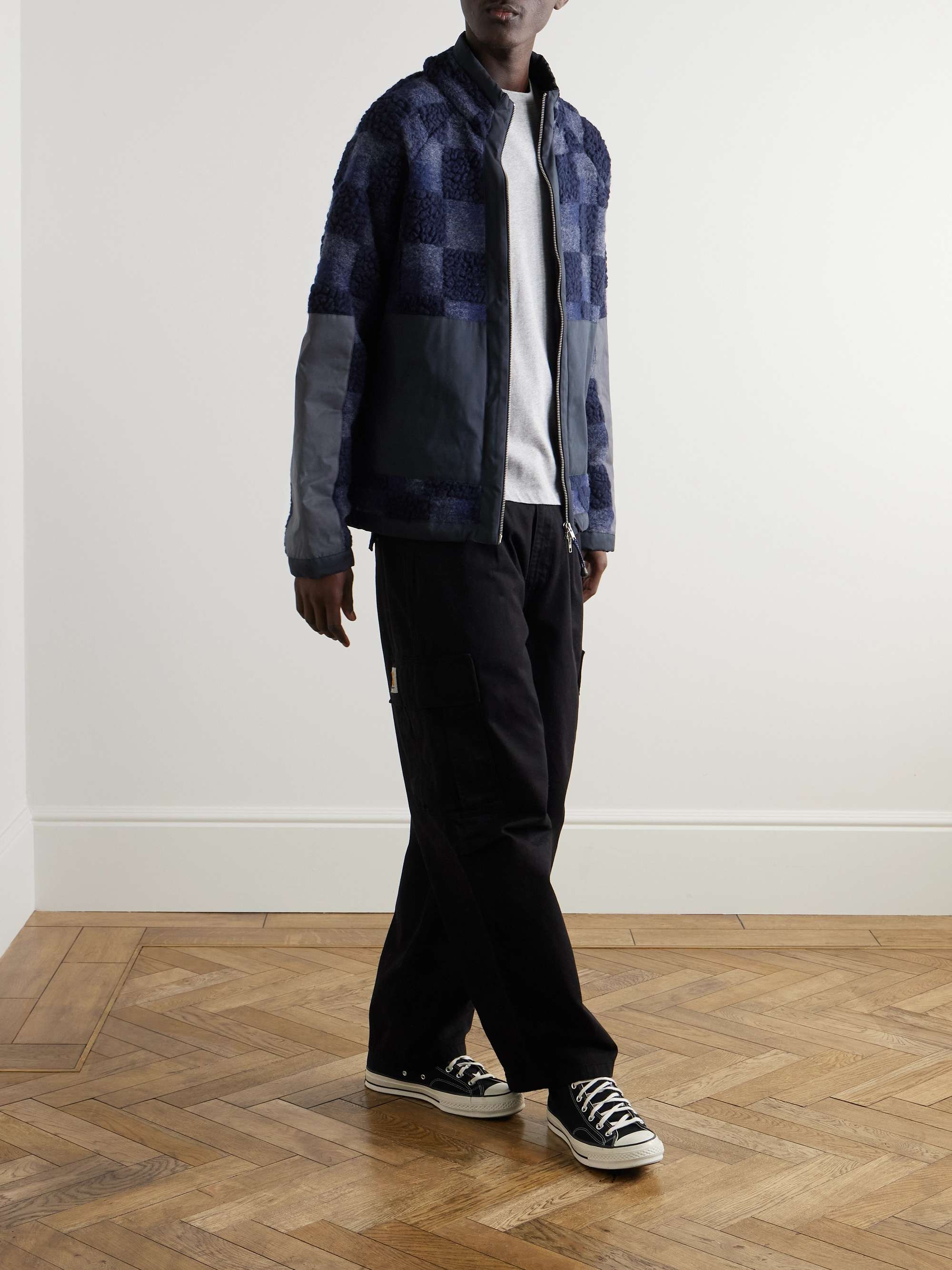 Navy Signal Shell-Trimmed Patchwork Wool-Blend Fleece Jacket | FOLK ...