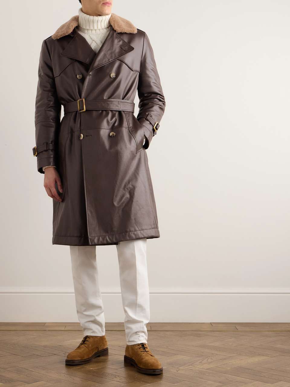 BRUNELLO CUCINELLI Double-Breasted Shearling-Trimmed Leather Trench ...