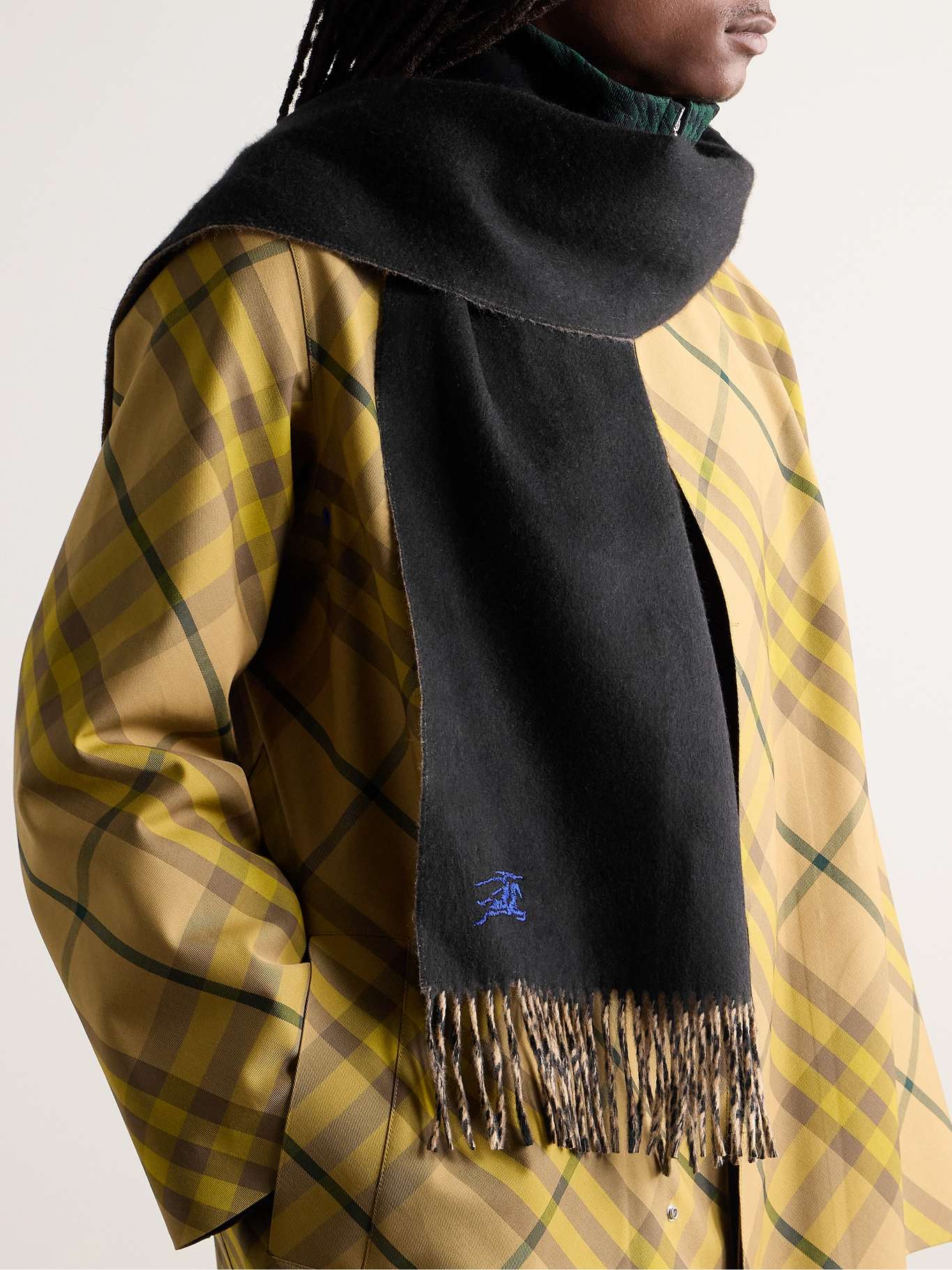 BURBERRY Reversible Logo-Embroidered Fringed Cashmere Scarf for Men | MR PORTER