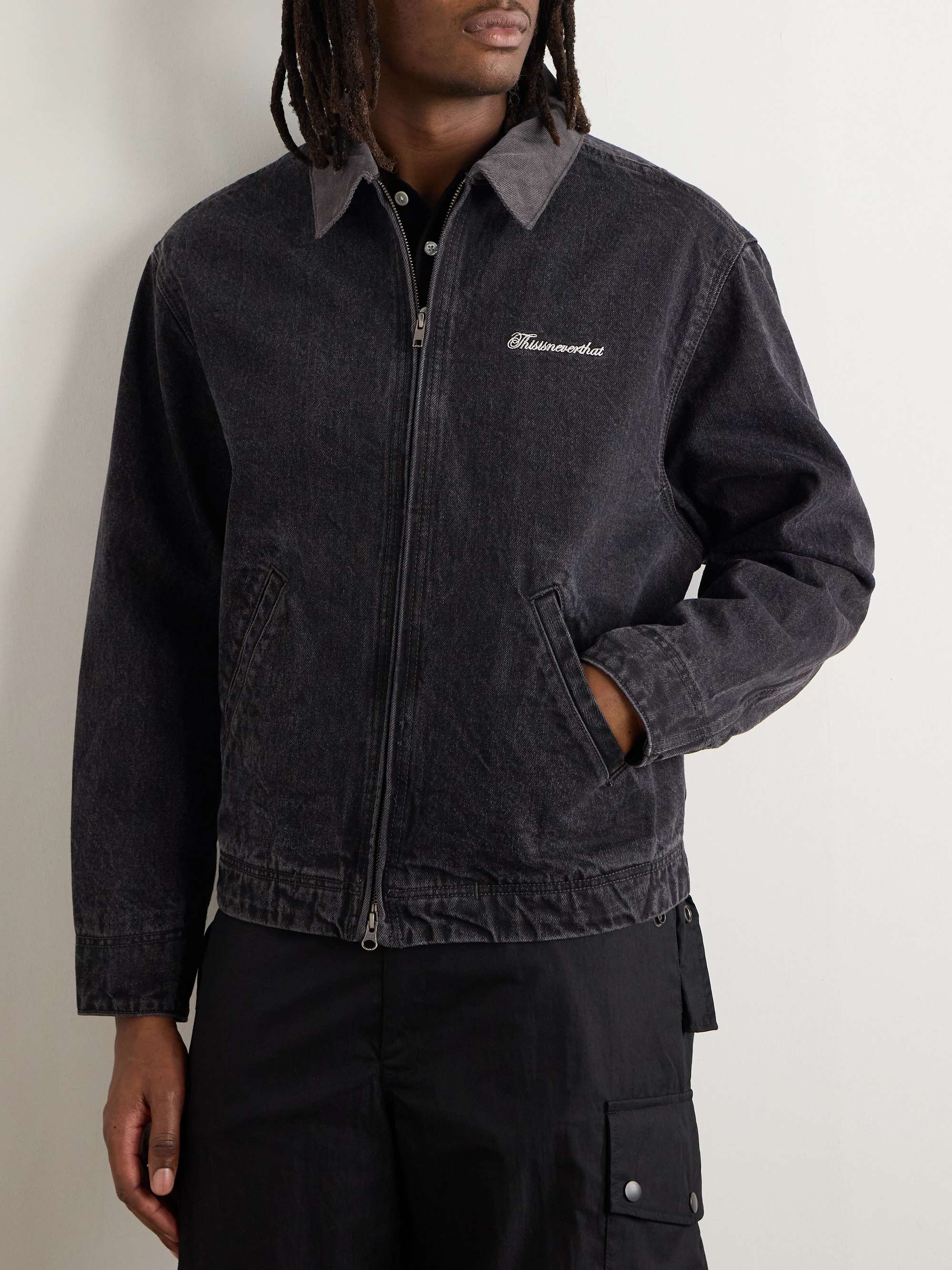 THISISNEVERTHAT Logo-Embroidered Corduroy-Trimmed Garment-Washed Denim Jacket for Men | MR PORTER