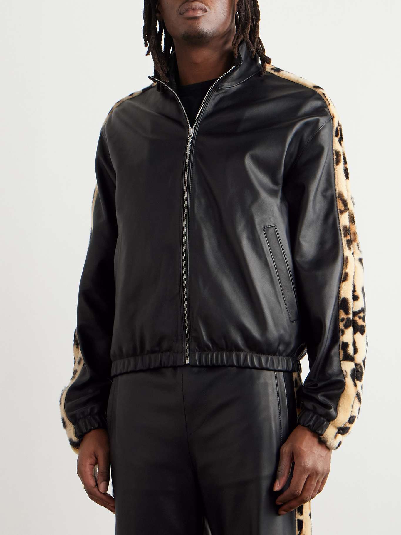 MARNI Leopard-Print Faux Fur-Trimmed Leather Jacket for Men | MR PORTER