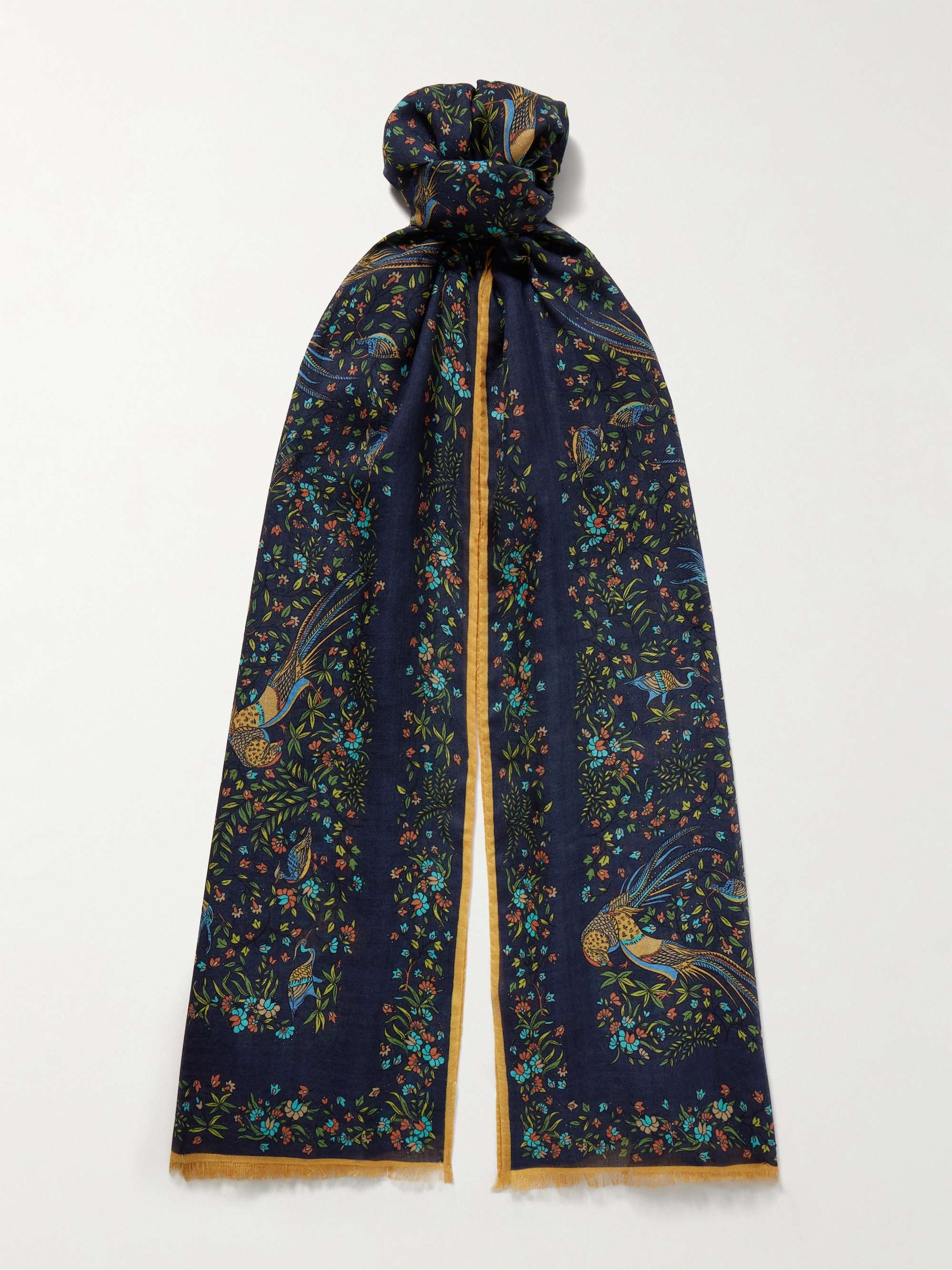 Blue Birds of Paradise Fringed Printed Wool and Silk Blend Scarf DRAKE S MR PORTER