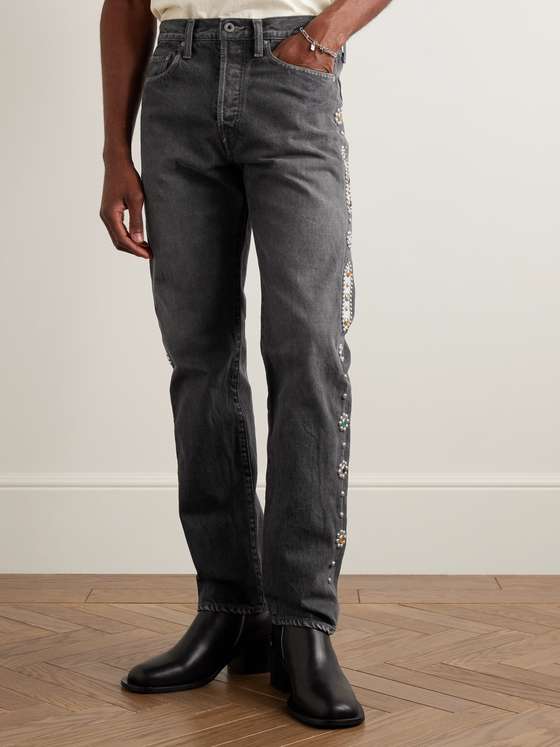 KAPITAL Monkey CISCO Straight-Leg Embellished Leather-Trimmed Jeans for Men | MR PORTER