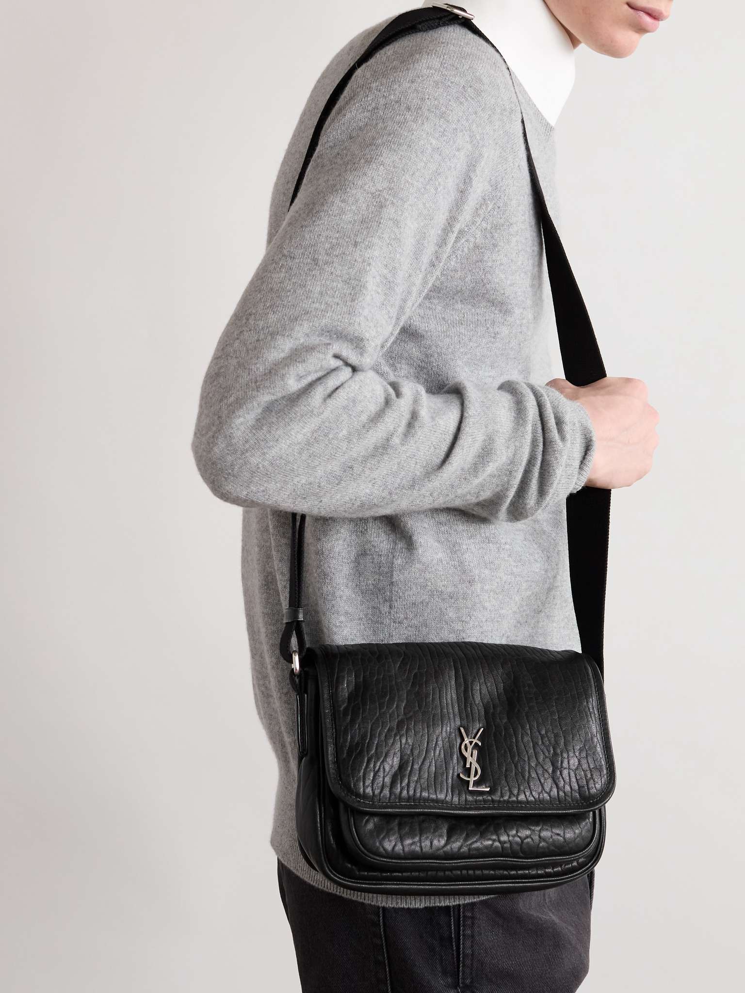 SAINT LAURENT Niki Small Logo-Appliquéd Textured-Leather Messenger Bag ...