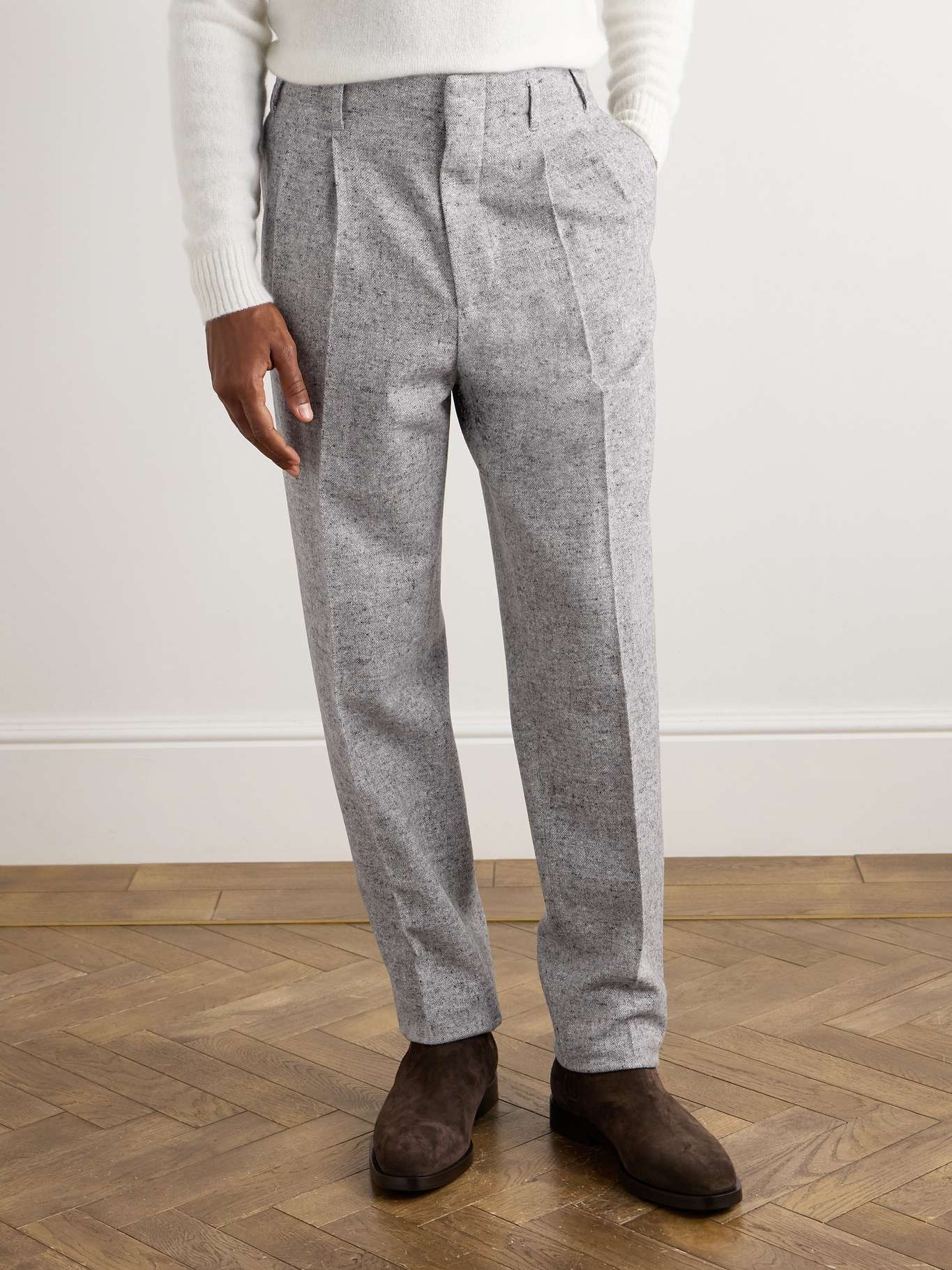 BRUNELLO CUCINELLI Straight-Leg Pleated Wool and Silk-Blend Trousers ...