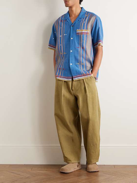 Blue Ayo Convertible-Collar Embelished Embroidered Cotton Shirt | KARDO ...