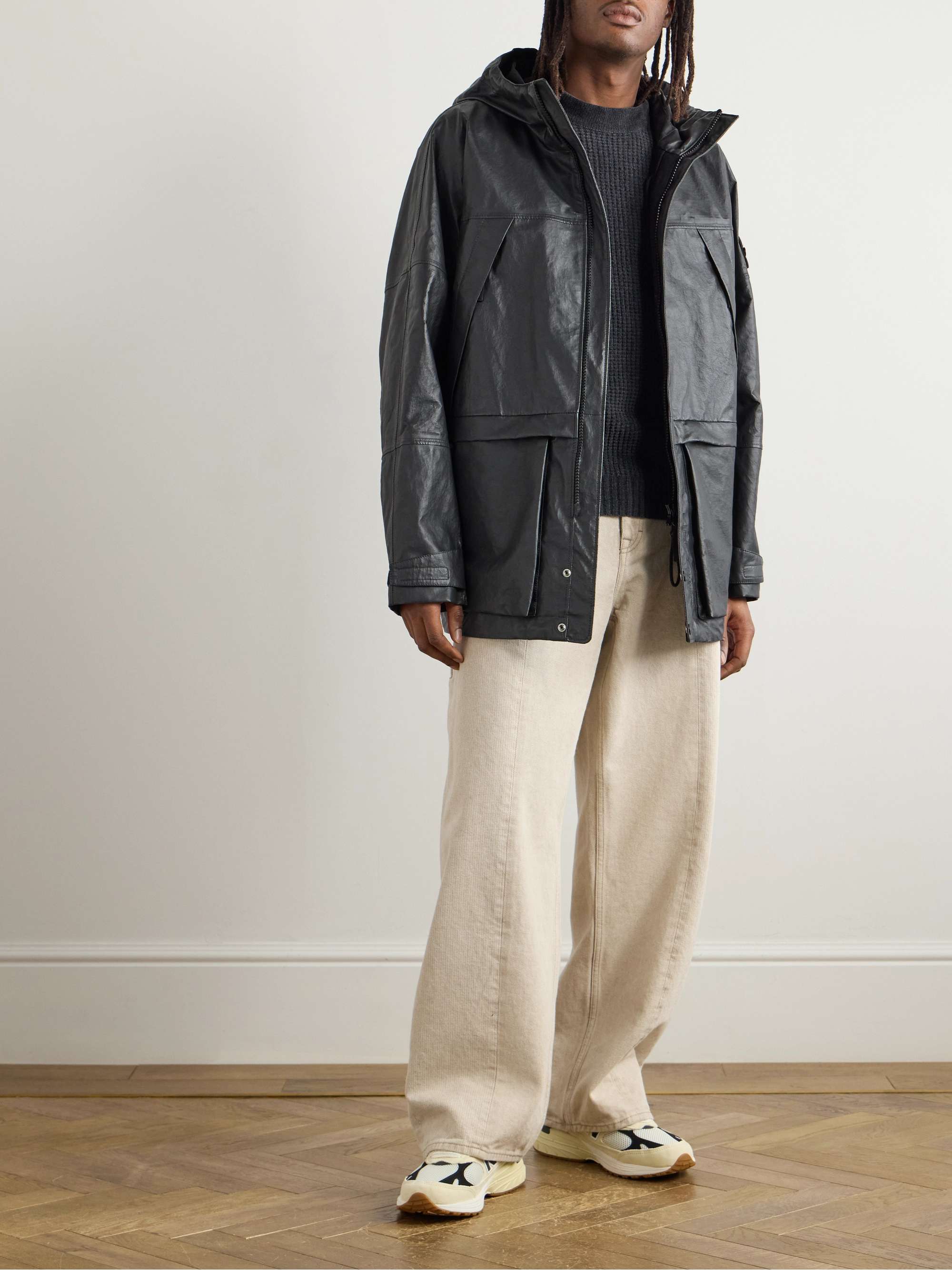 STONE ISLAND Logo-Appliquéd Paneled Textured Leather Hooded Jacket for ...