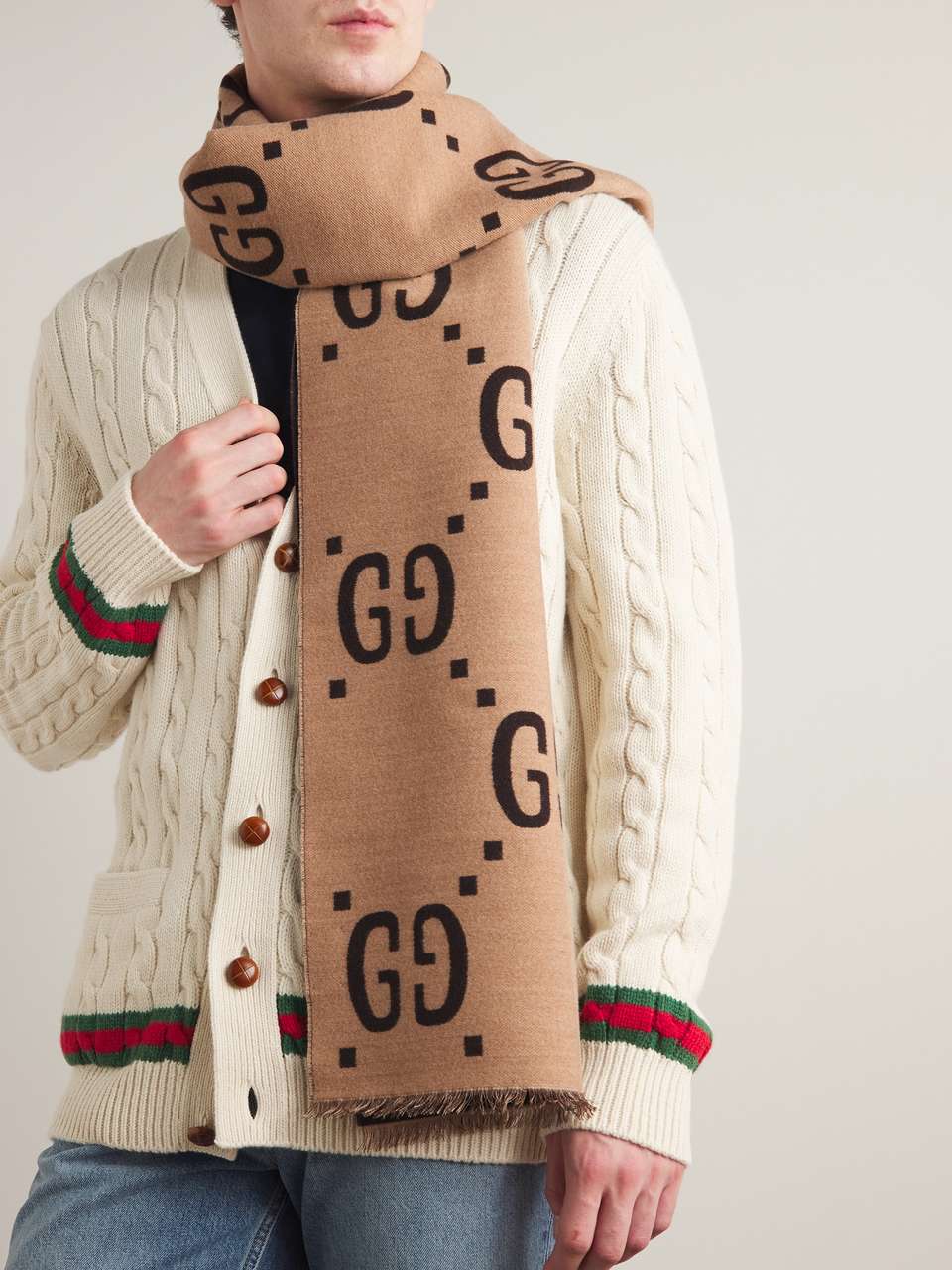GUCCI Logo-Jacquard Wool and Silk-Blend Scarf for Men | MR PORTER