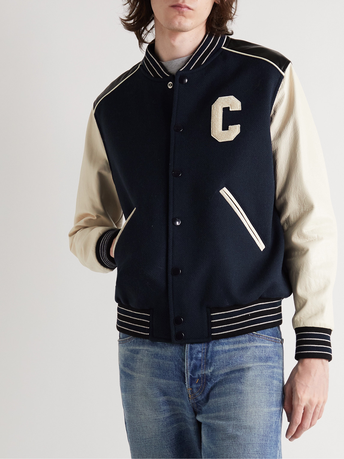 CELINE Appliquéd Wool-Blend and Leather Bomber Jacket | Smart Closet