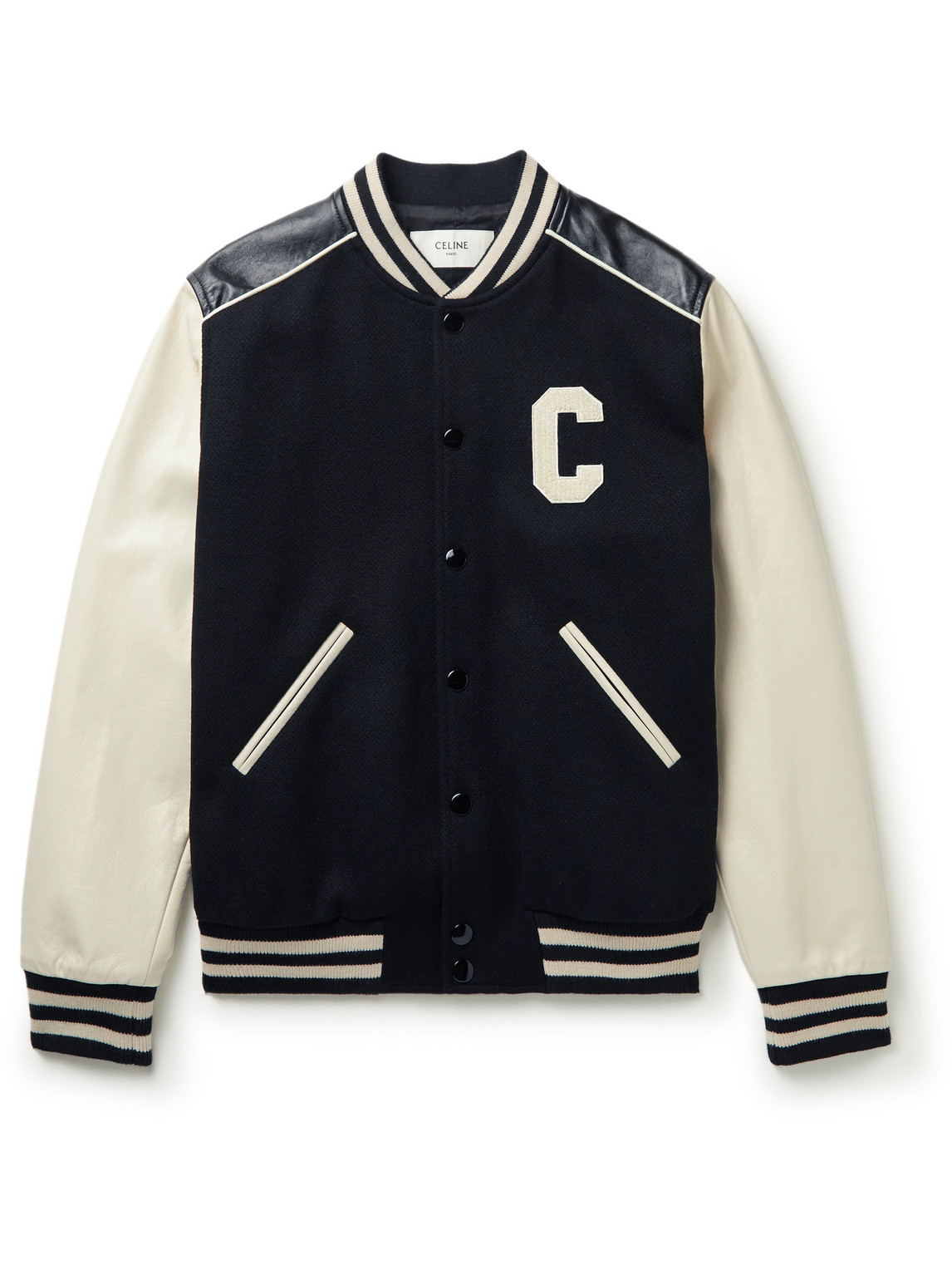 CELINE Appliquéd Wool-Blend and Leather Bomber Jacket | Smart Closet