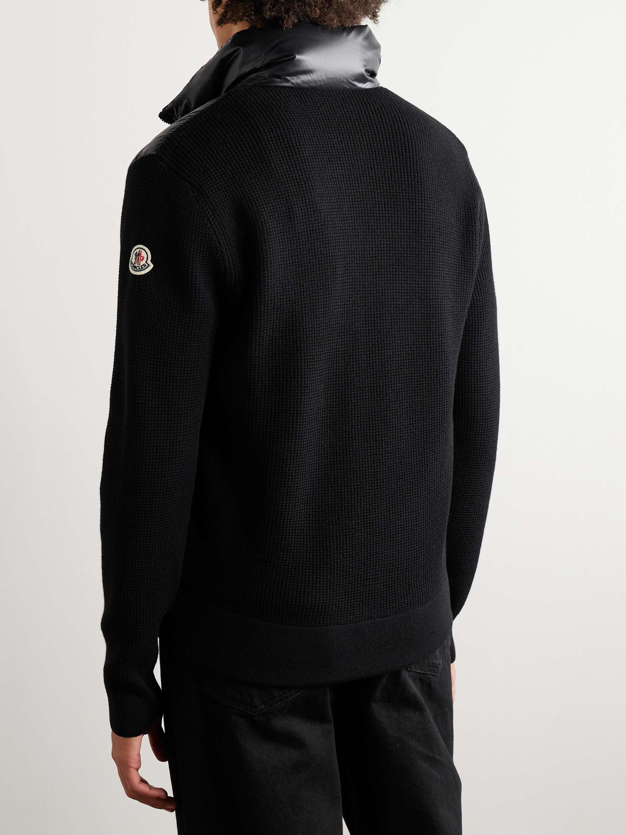 MONCLER Leather-Trimmed Ribbed Virgin Wool Cardigan for Men | MR PORTER