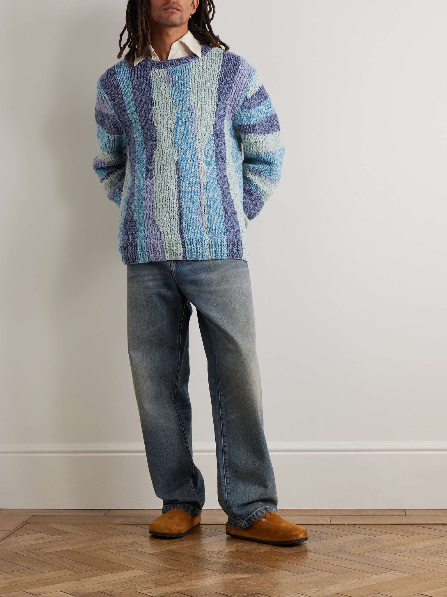 THE ELDER STATESMAN Striped Crocheted Organic Cotton Sweater for Men ...