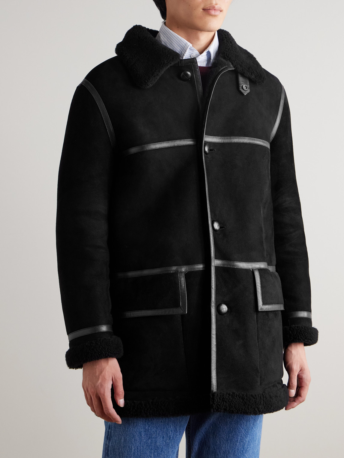 Drake's Him Leather-trimmed Shearling Coat In Black | ModeSens